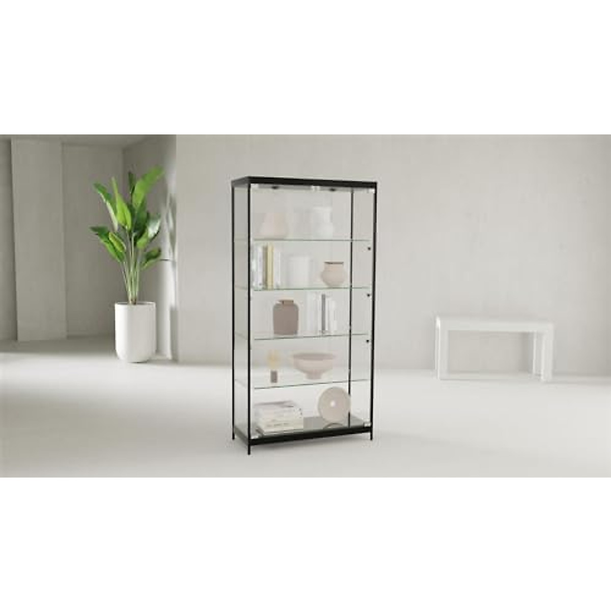 Displays2go Black LED Trophy Showcase, Locking, LED Lighting, Tempered Glass, Laminated MDF & Aluminum – Black (LESC10478B)