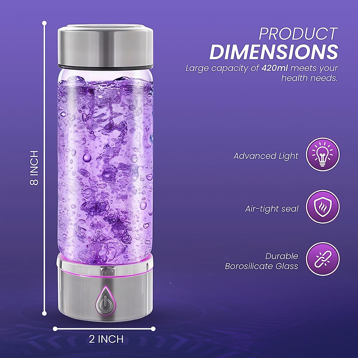 H3O Hydrogen Water Bottle - Hydrogen-Infused Water Machine with Built-in Purple Protective Light - Portable Water Ionizer for Hydration, Energy, Sleep Quality - with SPE/PEM Technology
