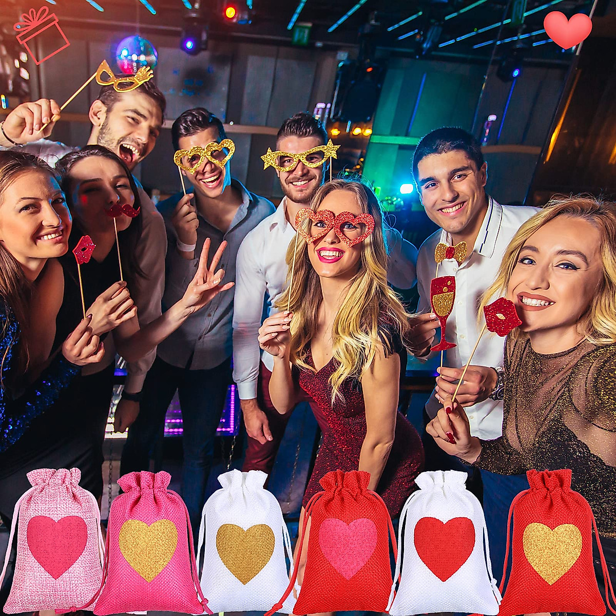 36 Pcs Valentine's Day Heart Burlap Gift Bags 4 x 6 Inch Burlap Bags with Drawstring Small Linen Jewelry Pouches Drawstring Bags for Wedding Baby Shower Party Favors Christmas DIY Craft, 4 Colors