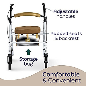 Medline Foldable Steel Rollator w/Seat, Microban, 8” Wheels – Upright Walker for Injuries, Seniors, Adults & Bariatric up to 300 lbs., White