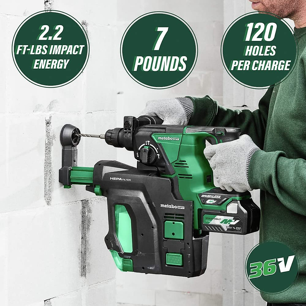 Metabo HPT 36V MultiVolt™ Cordless Rotary Hammer Drill (Tool Only - No Battery) | SDS Plus | 1-1/8-Inch | Reactive Force Control | 3 Modes | Optional AC Adapter | DH36DPAQ4