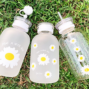 JZSMY 480ml Milk Juice Cute Water Bottle with Scale 2 Lids Little daisy Matte Portable Transparent Water Cup Glass Bottles Creative Handy Cup with Straw and Straw Plug (Transparent 6 flowers)