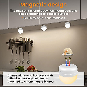 SCOPOW 2Packs E26 Rechargeable Light Bulbs with Remote Control Timer and 3 Color Temperature Magnetically Battery Operated Light Bulbs Dimmer for Non-Hardwired Detachable (5W+E26+3Colors+2PC)