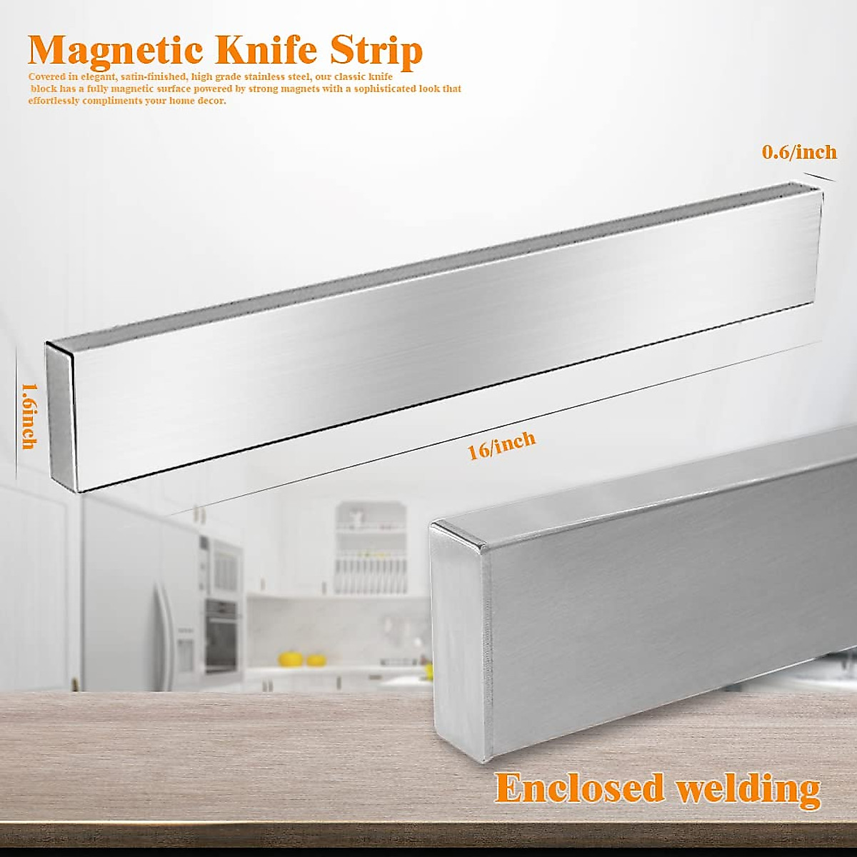 16 Inch Stainless Steel Magnetic Knife Holder for Wall, No Drilling Magnetic Knife Strip with Adhesive for Kitchen Utensil Holder, Art Supply Organizer & Tool Holder