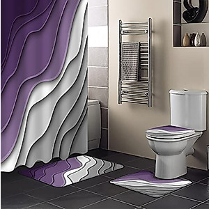 Comforance Purple Gray Modern Geometric Shower Curtain Set with Rugs and Hooks for Bathroom, 4PC Waterproof Fabric Bath Shower Curtain and Non-Slip Bathroom Mats, Abstract Gradient Art