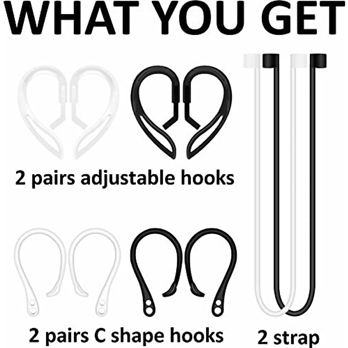 A-Focus 【 Anti-Slip Kit 】 for AirPods Pro 2 and Pro, Ergonomic 360 Degrees Rotation Adjustable Ear Hooks & Strap Non Slip Sport Wing Holder Compatible with New AirPods 3 2 & 1 [6 in 1] Black White