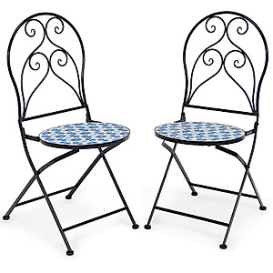Giantex 2 Pieces Folding Bistro Chairs, Mosaic Patio Chairs with Ceramic Tiles Seat and Exquisite Floral Pattern, Outdoor Dining Chairs for Deck, Garden and Backyard (Blue & Black)