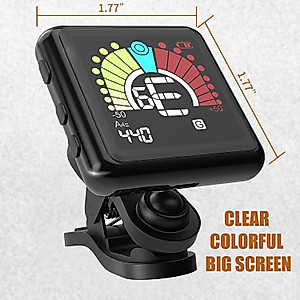 Guitar Tuner Clip on Rechargeable with Metronome Tone Generator for Guitar Bass Ukulele Violin Banjo Chromatic Wind Instrument, Metronome Tuner for All Instruments