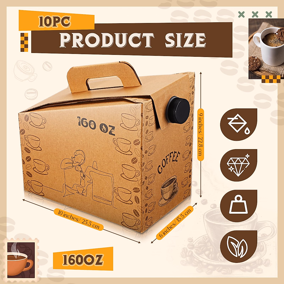 Pickmesh 10 Sets 160 oz Disposable Coffee Dispenser with Insulated Interior Bag Coffee to Go Containers with Handle Portable Heavy Cardboard