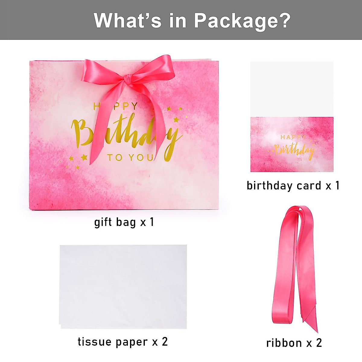 Nihuecne 13" Large Birthday Gift Bag with Card and Tissue Paper, Big Pink and Gold Birthday Wrap Paper Gift Bag with Satin Ribbon Handles for Girls and Women's Birthday Party