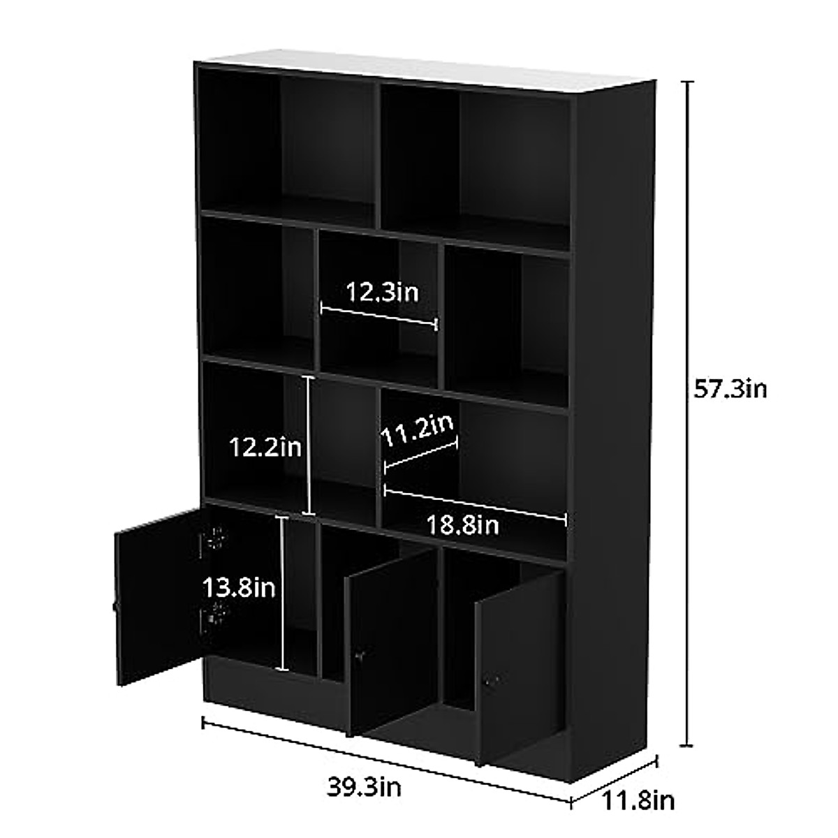 Anystyle Black 10 Cube Bookshelf, 4-Tier Bookcase Storage Cabinet with 3 Doors for Bedroom, Living Room
