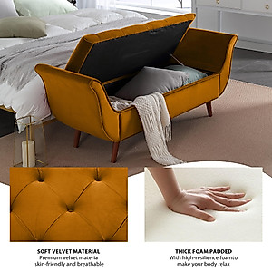 Velvet Storage Bench for Bedroom End of Bed Ottoman, Button-Tufted Upholstered Bed Benches for Bedrooms King with Rolled Arms and 4 Sturdy Wood Legs, Footstool for Bedroom, Living Room (Yellow Brown)