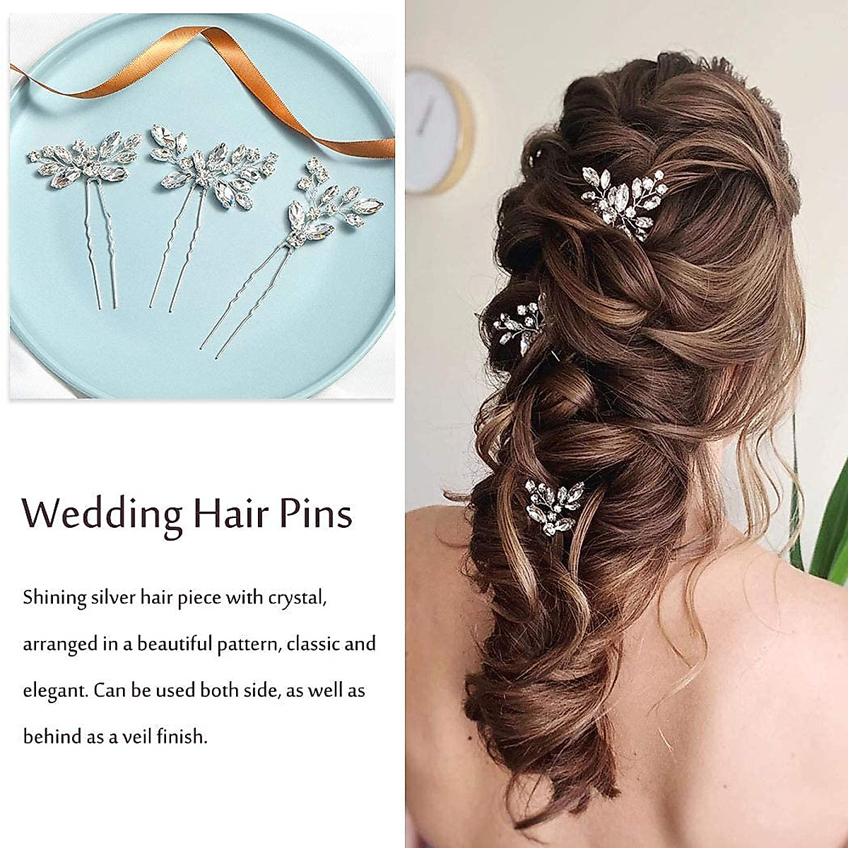 Unicra Bride Wedding Crystal Hair Pins Flower Bridal Hair Pieces Wedding Hair Accessories for Women and Girls Pack of 3 (Silver)