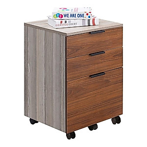 JJS 3 Drawer Rolling Wood File Cabinet with Locking Wheels, Home Office Portable Vertical Mobile Wooden Storage Filing Cabinet for Letter Size, Brown