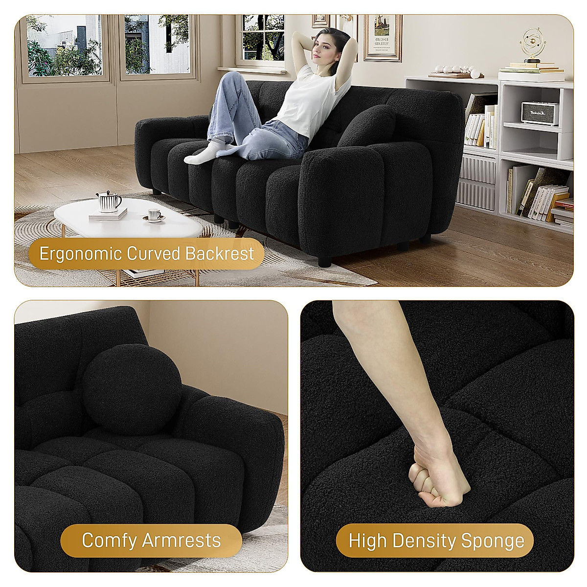 Boucle Sofa Couch, 72.8" Modern Comfy Upholstered Love Seat 2 Seater Tufted Cloud Couch, Cozy Teddy Loveseat Sofa with 2 Accent Pillows for Living Room Apartment Bedroom, Black