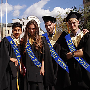 8 Pack Senior 2025 Sash, Gold Glitter Royal Blue Satin Finally Graduated Senior Cheerleader Sashes for Class of 2025 Graduation Party Supplies