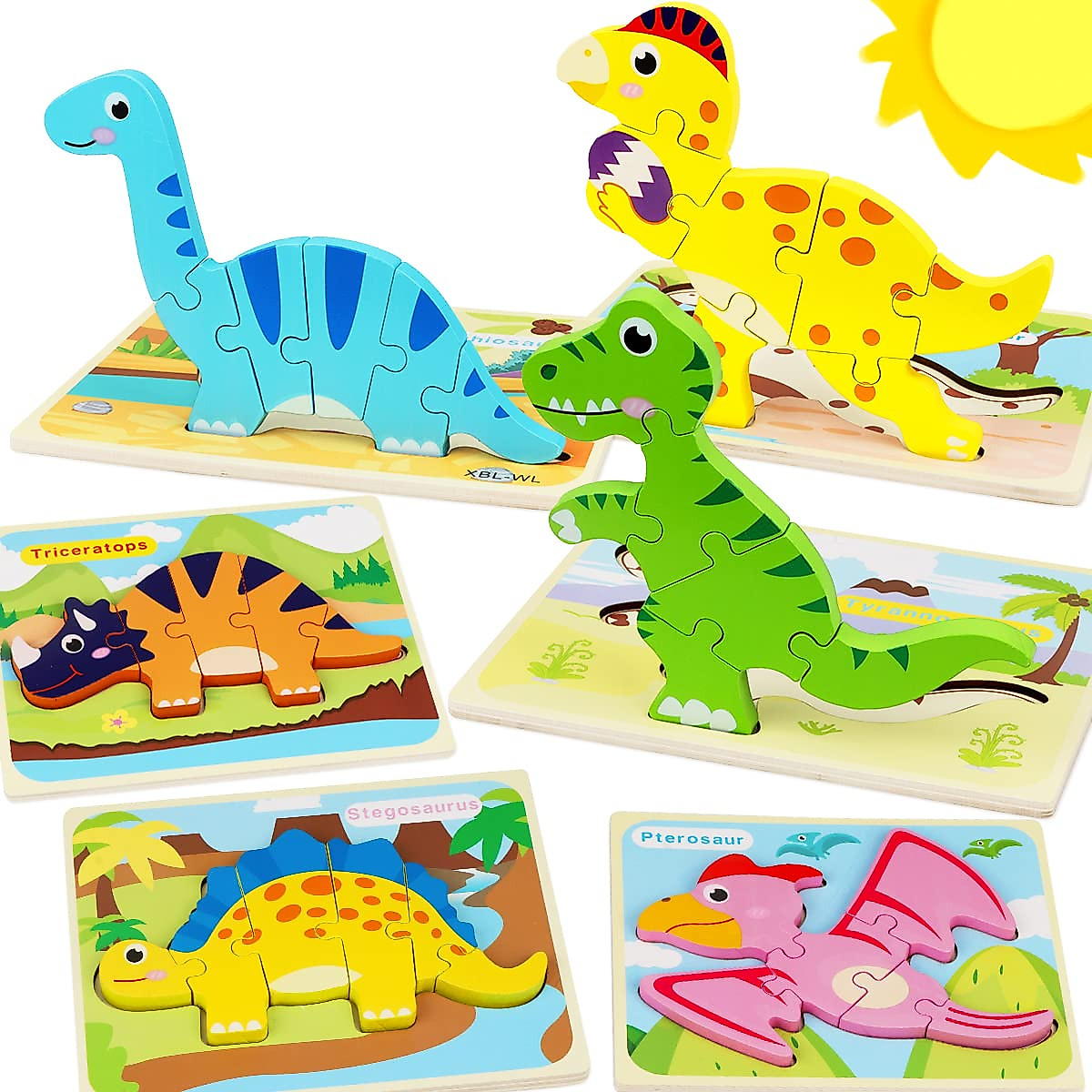 Aitbay Toddler Puzzles 6 Pack Dinosaur Wooden Puzzle for Toddler Kids 3 Year Old, Educational Toys for Preschool Kindergarten Boys and Girls
