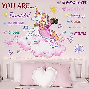 Suplanet Unicorn Wall Decals for Girls Bedroom, Black Girl Wall Art, Toddler Black Girl Room Decor, Unicorn Wall Stickers for Girls Room, Unicorn Bedroom Decor for Girls, Butterfly Girl Wall Decals