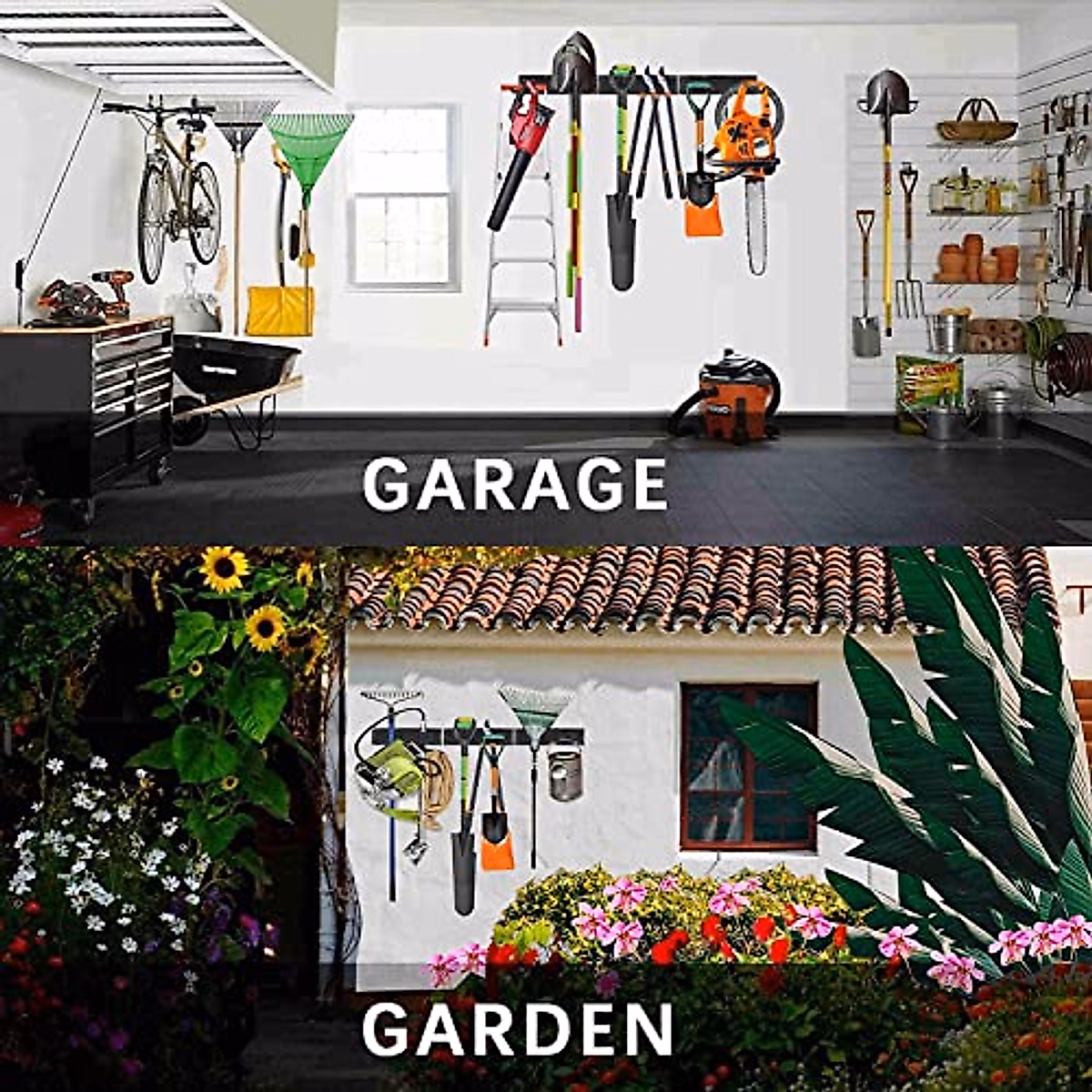 Garage Tool Organizer Storage Rack, Garage Organizers Wall Mount Storage System with 6 Removable Hooks, Super Heavy Duty Steel Garden Tool Hanger Rack for Chair, Broom, Mop, Rake Shovel Yard Tools