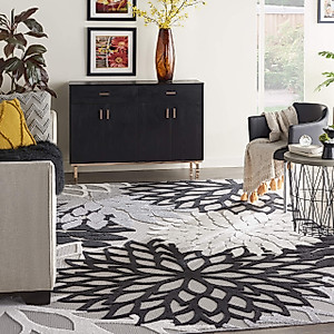 Nourison Aloha Indoor/Outdoor Black White 7' x 10' Area Rug, Tropical, Botanical, Easy Cleaning, Non Shedding, Bed Room, Living Room, Dining Room, Deck, Backyard, Patio (7x10)