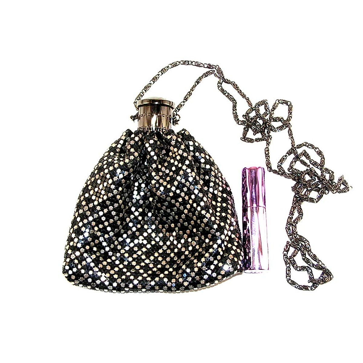 XXX-Small Vintage Evening Purse Metal Mesh Gatsby Bag for Cocktail Party Prom Wedding Banquet Black With Silver