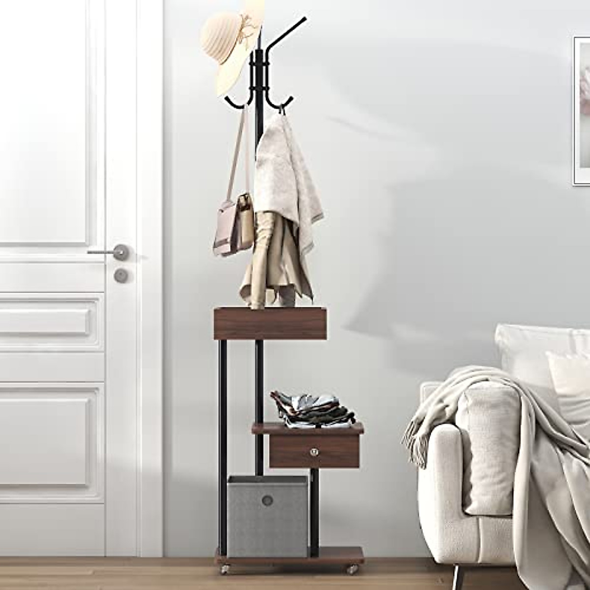 soges Coat Rack and Nightstand, Brown Wooden Nightstands with One Drawer and One Non-woven Basket, Metal Coat Rack for Bedroom, Living Room