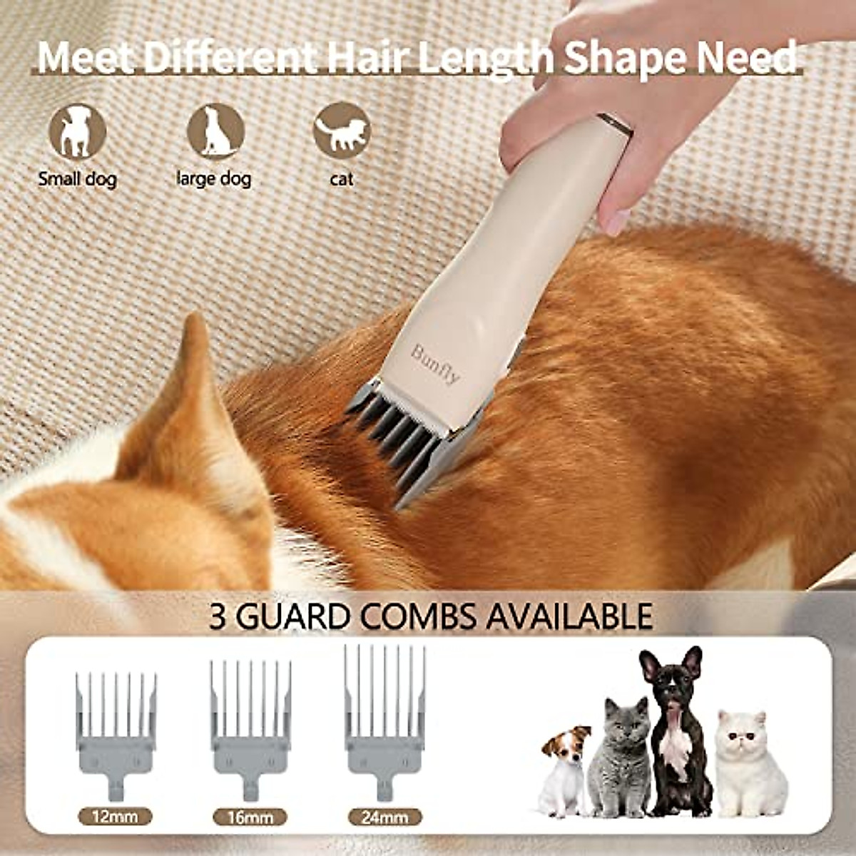 Bunfly Pet Clipper Grooming Kit & Vacuum Suction 99% Pet Hair, 7 Pet Grooming Tools, 3L Large Capacity Easy Clean Dust Cup for Pet Hair, Home Cleaning（Brown）