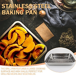 Roasting Pan with Rack Stainless Steel Roaster Pan Tray Rectangular Baking Pan BBQ Bakeware Quarter Sheet with Handles for Baking Cooking (23.5x17.5x5CM)