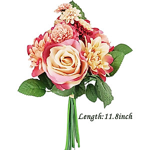 SUPICKET 1 Bunch 8 Pcs Artificial Rose Dahlia Daisy Flower Bouquet Bride Bridesmaid Holding Flowers for Home Hotel Office Wedding Party Garden Craft Art Decor, Red&Orange