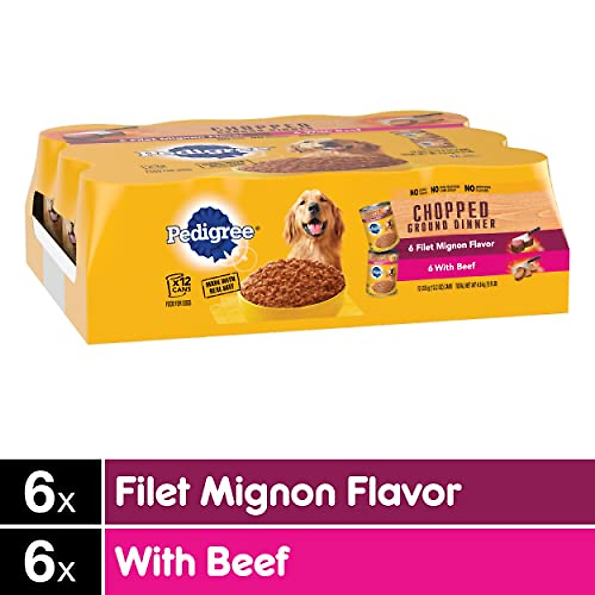 PEDIGREE CHOPPED GROUND DINNER Adult Canned Soft Wet Dog Food Variety Pack, Filet Mignon Flavor and With Beef, 13.2 Ounce (Pack of 12)