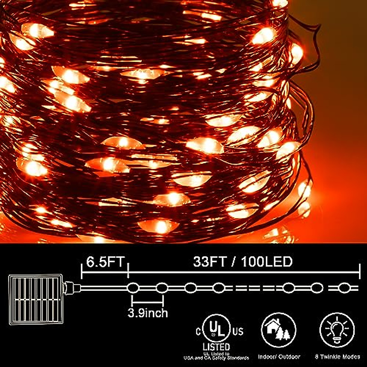 kemooie 2 Pack 100 LED Orange Solar Halloween Lights, 8 Twinkle Modes Waterproof Upgraded Solar Powered Fairy Lights, for Outdoor Garden Patio Christmas Halloween Decorations (Orange)