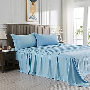 WOD FAMY Microfiber Full Size Bed Sheet Set Extra Soft Deep Pockets Luxury Hotel Light Blue Bed Sheets Breathable & Cooling Wrinkle Free 4 Piece Set Fulls Sheets