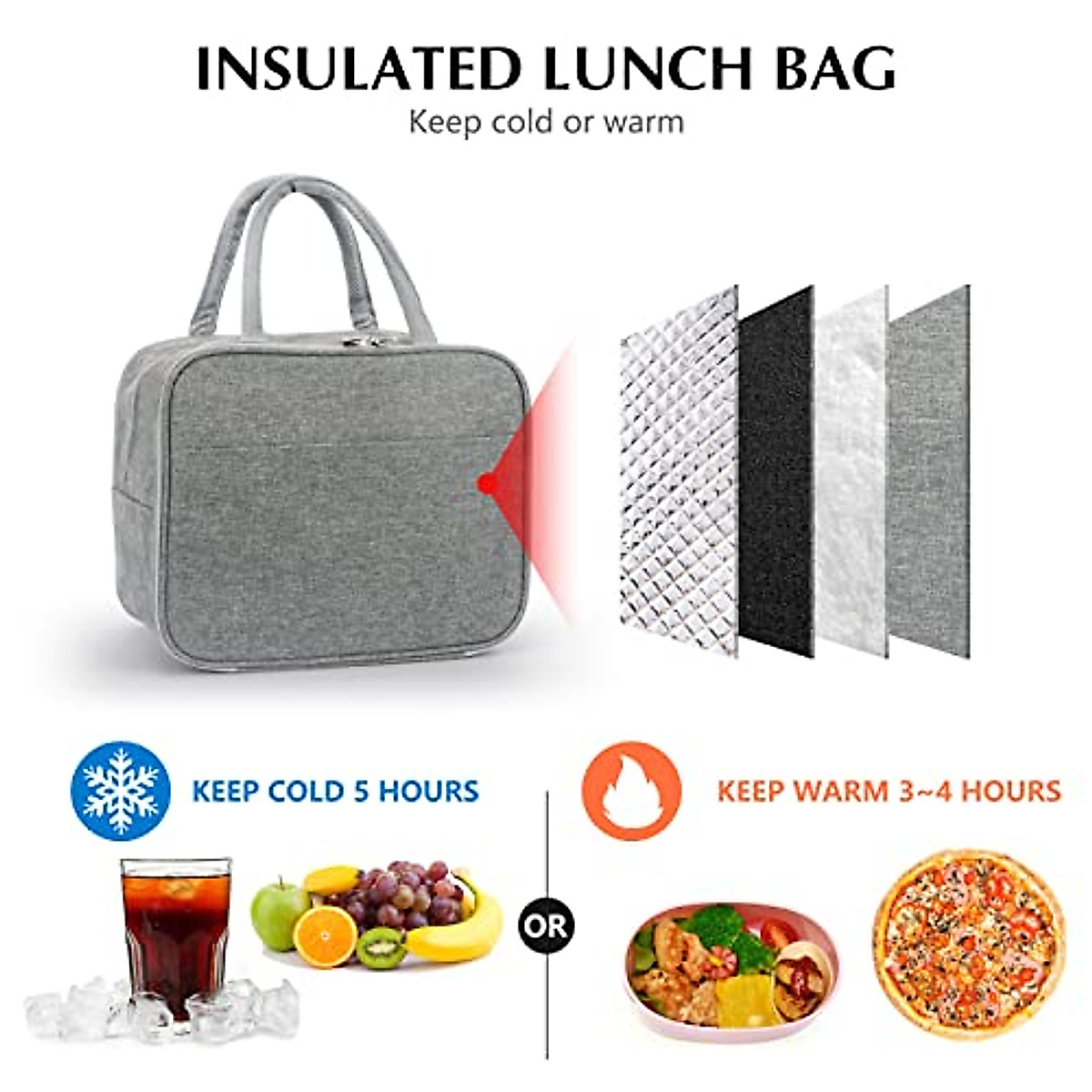Toplive Lunch Bag, Reusable Insulated Lunch Bag, Waterproof Cooler Tote Meal Prep Lunch bag for Men & Women Work, Cute Lunch Cooler Bento Boxes Bags with Thickened aluminum Foil, Gray