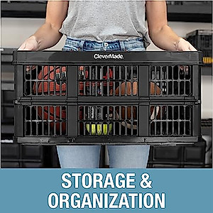 CleverMade 45L Collapsible Storage Bins, Plastic Stackable Grated Wall Utility Containers, CleverCrates Baskets, Black, 3 Pack