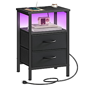HOOBRO Nightstand with Charging Station and LED Light, Night Stand with 2 Fabric Drawers and Open Storage, Bedside Table with USB Ports and Outlet, End Table for Bedroom, Black BB110UDBZ01