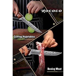 ROCOCO Damascus Boning Knife for Meat Cutting Deboning Brisket Slicing Trimming knife Fish Fillet Knife with Narrow Blade for Kitchen Camping BBQ Birthday Mothday's Day Gift 5.3"