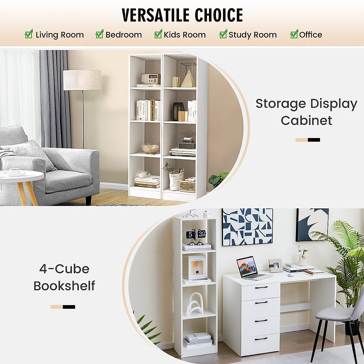 SILKYDRY 56” Tall White Bookshelf, 4 Cube Vertical Storage Organizer with Anti-Tip Kits, Freestanding 5-Tier Narrow Open Shelf Bookcase for Small Space, Bedroom, Study, Home Office (1)