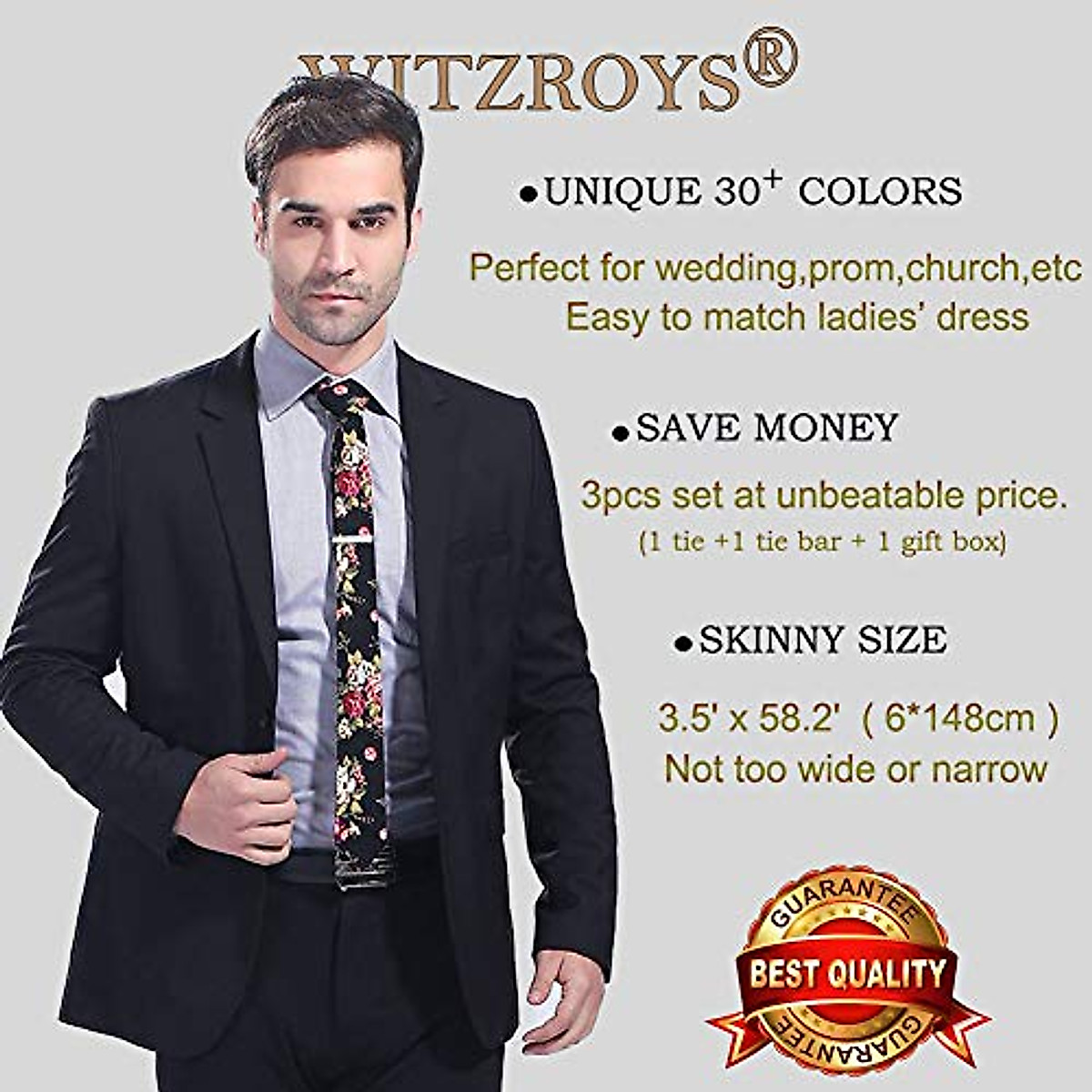 WITZROYS Men's Skinny Tie Floral Cotton Necktie and Tie Bar Clip Sets, Great for Weddings,Groom,Groomsmen (Blue & Orange #A4)