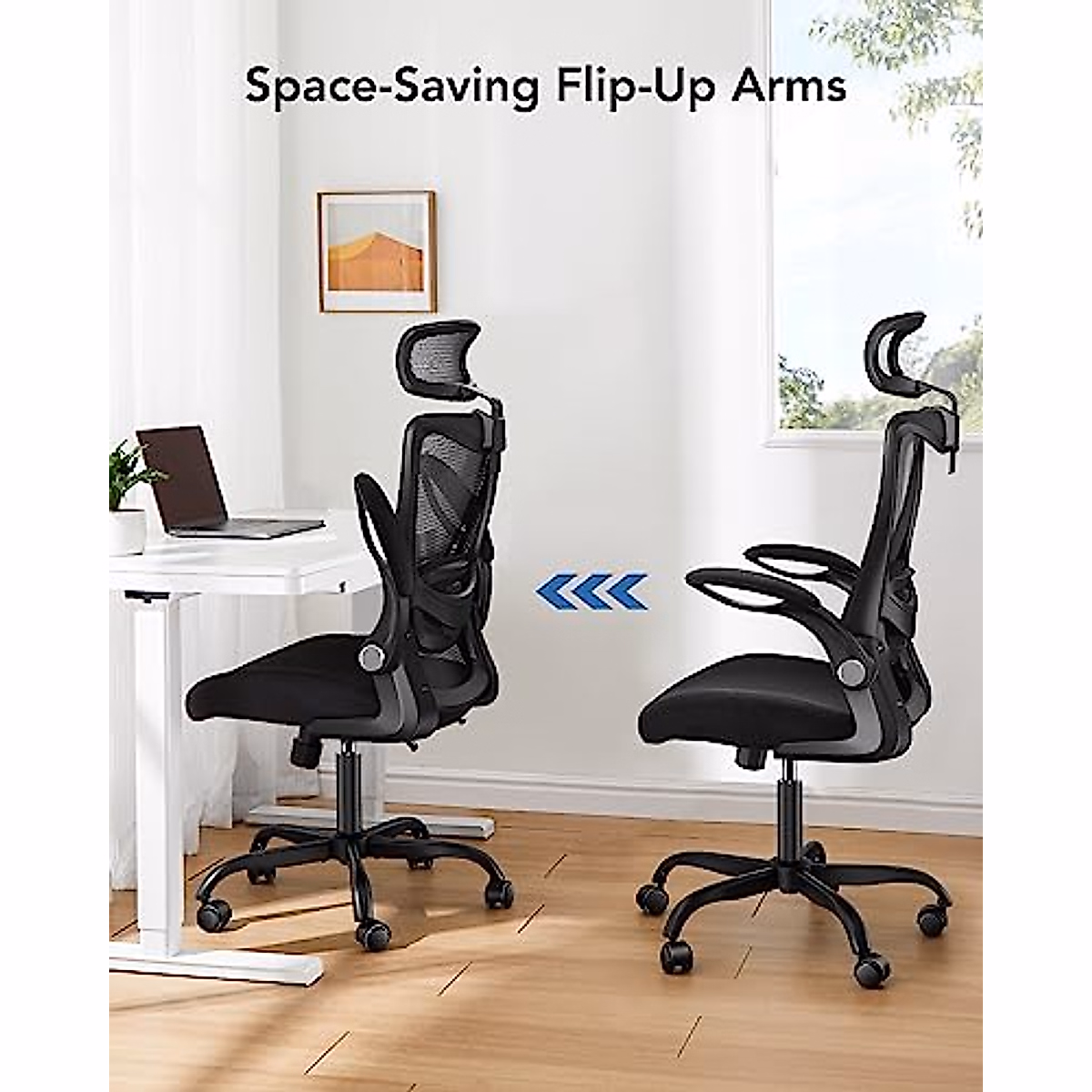 HUANUO Ergonomic Mesh Office Chair, High Back Desk Chair with Adjustable Lumbar Support & Headrest, Flip-Up Armrests, and Adjustable Height, Home Computer Chair with Tilt Lock Function