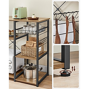 VASAGLE ALINRU Kitchen Baker’s Rack, Coffee Bar, Microwave Oven Stand, with Steel Frame, Wire Basket, 6 Hooks, for Mini Oven, Spices Utensils, Industrial, Rustic Walnut and Black UKKS090B41