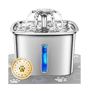 Veken Innovation Award Winner Stainless Steel Cat Water Fountain, 95oz/2.8L Automatic Pet Fountain Dog Water Dispenser with Replacement Filters & Silicone Mat for Cats, Dogs, Multiple Pets (Silver)