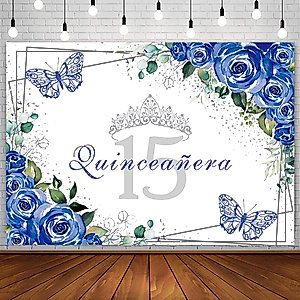 Sendy 7x5ft Quinceañera Backdrop Mis Quince 15 Anos Birthday Party Supplies for Girl Princess Royal Blue Floral Butterfly Silver Crown Photography Background Banner Photo Booth Studio Props