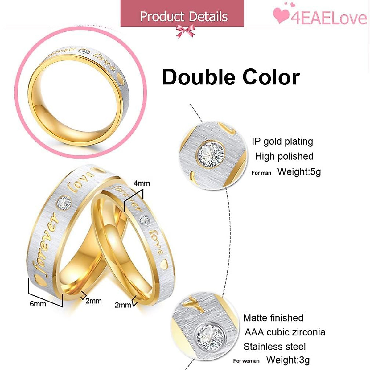 4EAELove Customize Forever Love Promise Couple Rings Inside Free Engraved Cubic Zirconia Rings Wedding Bands Engagement Gifts Titanium Steel Golden (Couple,1 PAIR)