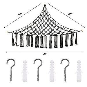 Stuffed Animal Net or Hammock, Porsuluola Macrame Toy Net Hammock for Stuffed Animals with Tassel Wall Corner Toy Storage Hammock Kids Hanging Mesh Toy Net Organizer Black