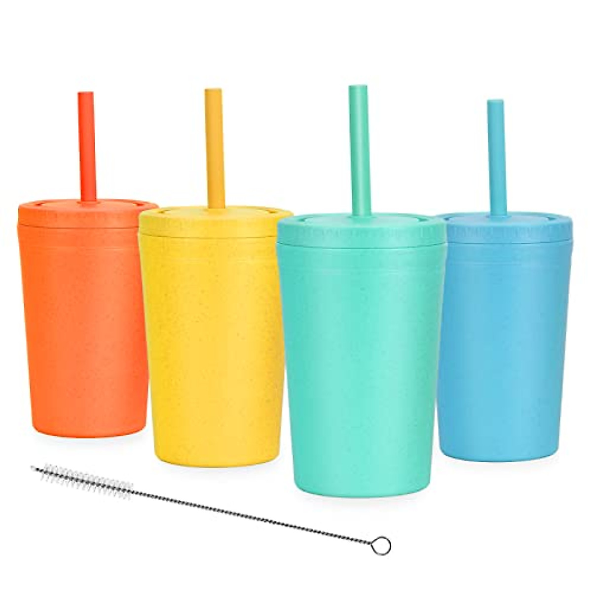 【Set of 4】Reusable Wheat Straw Cups with Lid and Straws, 10 Oz Chip Resistant Cups -Dishwasher Safe E-Co Friendly Small Water Cups with Silicone Straws for Milk, Drinks, Smoothies -4 Colors