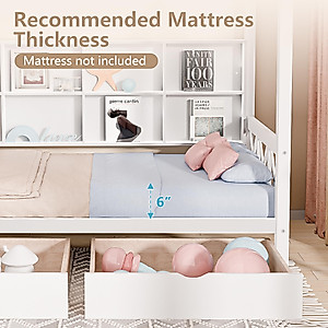 HUMEHA Full House Bed with Roof and 2 Storage Drawers for Kids, Wooden Full Size Bed Frame with Storage Shelves Guardrails and Wood Slats for Boys Girls,No Box Spring Required, White