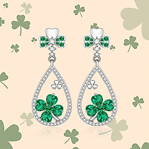 St Patricks Day Shamrock Earrings for Women Sterling Silver Studs Hypoallergenic Four Leaf Clover Green CZ Drop Dangle Earrings Jewelry Gifts