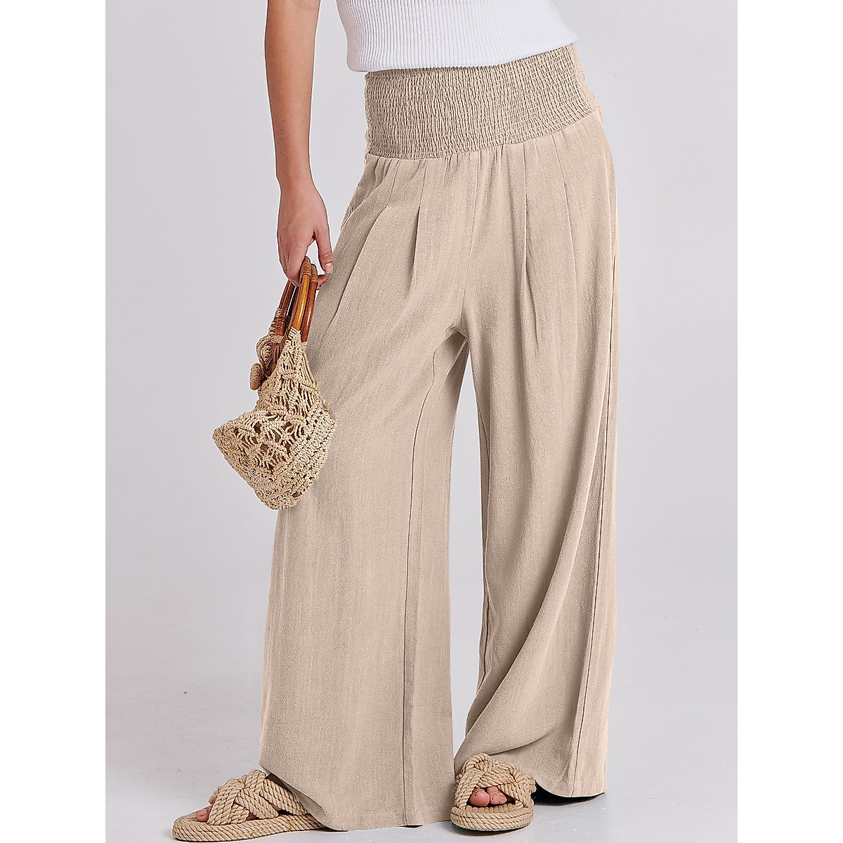 ANRABESS Women Linen Palazzo Pants Summer Boho Wide Leg High Waist Casual Lounge Pant 2025 Beach Travel Vacation Outfits Almond Large