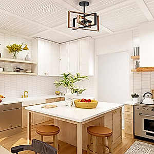 Capslpad Industrial Rectangle Ceiling Light Rustic Retro Farmhouse Rotatable Flush Mount Ceiling Light Fixture for Kitchen Dining Room Living Room Bedroom Hallway Entryway (Faux-Wood)