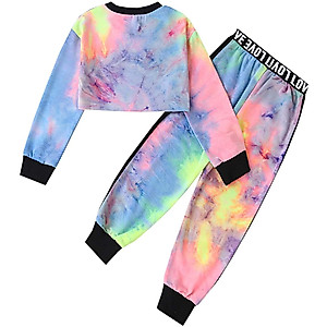 Baby Girls Cute Outfits, Tie Dye Pullover Crop Sweatshirt + Sweat Playwear Pants 2 Pieces Trendy Clothing Set, Multicolored, 18-24 Months